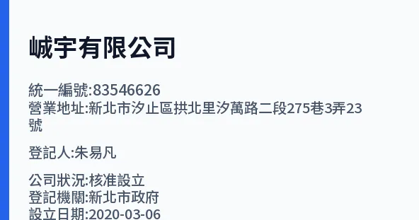 峸宇有限公司的照片-統編 83546626(新北市) 公司登記資料與營業項目詳細圖表