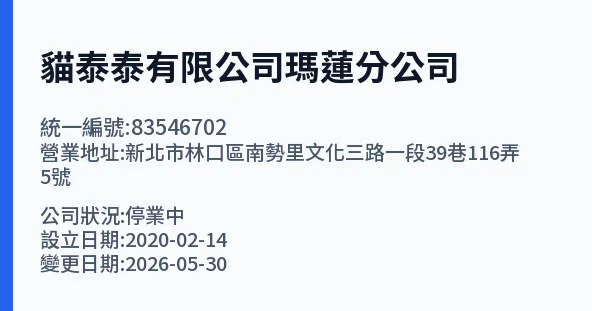 貓泰泰有限公司瑪蓮分公司的照片-統編 83546702(新北市) 公司登記資料與營業項目詳細圖表
