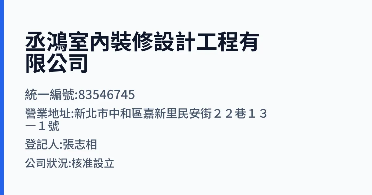 丞鴻室內裝修設計工程有限公司 - 統編 83546745(新北市) 公司登記資料與營業項目詳細圖表