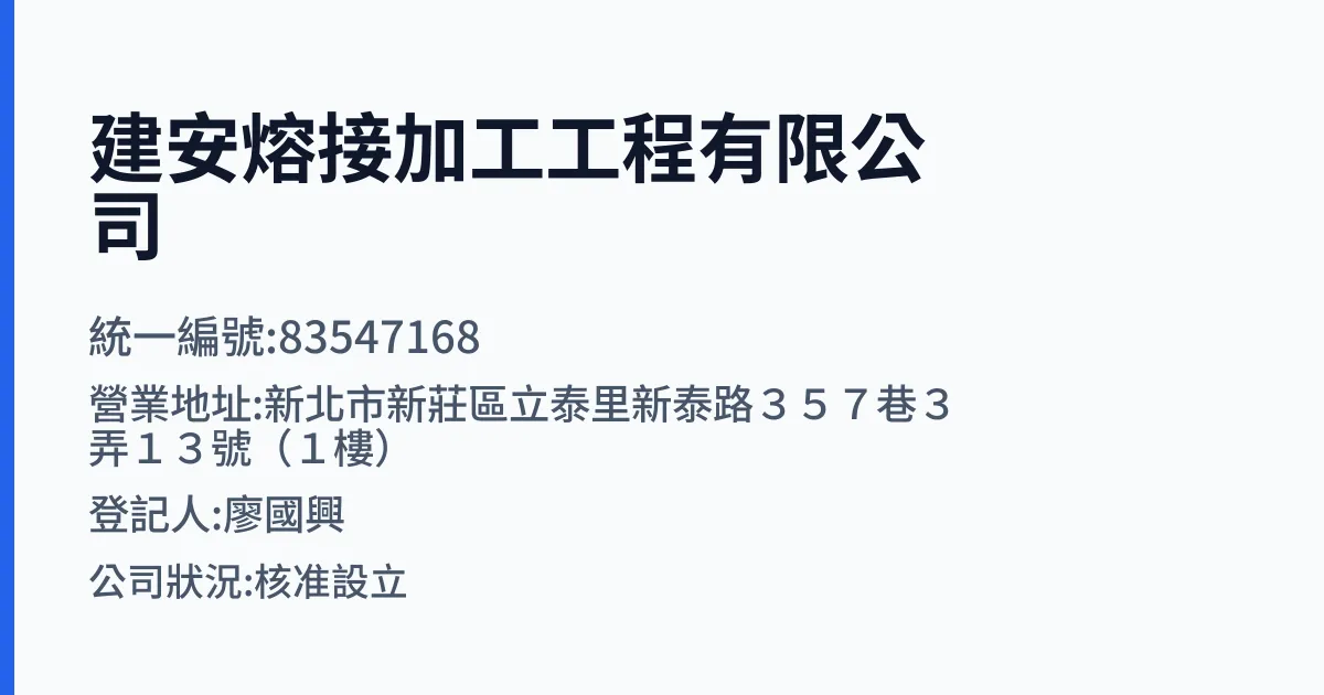 建安熔接加工工程有限公司 - 統編 83547168(新北市) 公司登記資料與營業項目詳細圖表