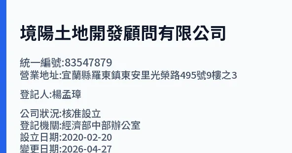 境陽土地開發顧問有限公司的照片-統編 83547879(宜蘭縣) 公司登記資料與營業項目詳細圖表