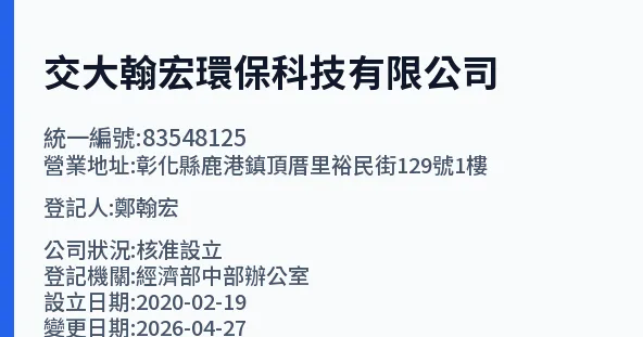 交大翰宏環保科技有限公司的照片-統編 83548125(彰化縣) 公司登記資料與營業項目詳細圖表