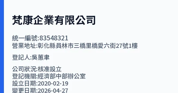 梵康企業有限公司的照片-統編 83548321(彰化縣) 公司登記資料與營業項目詳細圖表