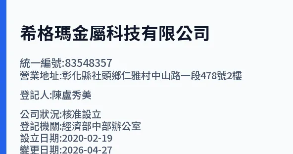 希格瑪金屬科技有限公司的照片-統編 83548357(彰化縣) 公司登記資料與營業項目詳細圖表