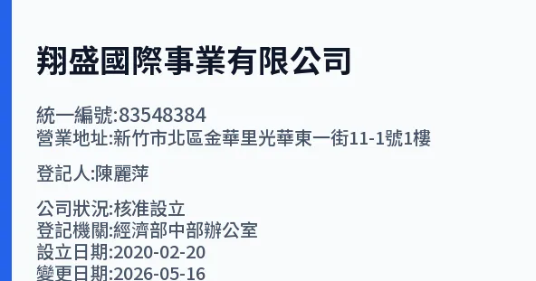 翔盛國際事業有限公司的照片-統編 83548384(新竹市) 公司登記資料與營業項目詳細圖表