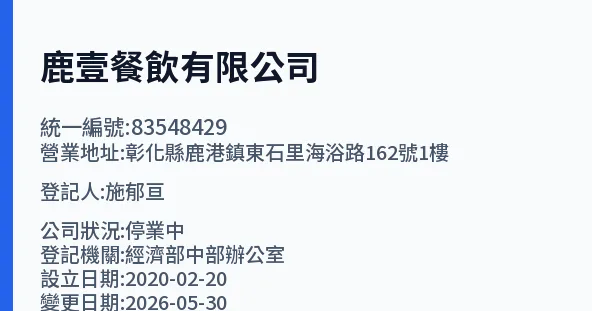 鹿壹餐飲有限公司的照片-統編 83548429(彰化縣) 公司登記資料與營業項目詳細圖表