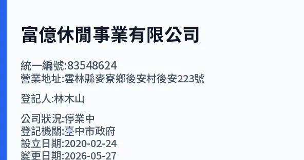 富億休閒事業有限公司的照片-統編 83548624(雲林縣) 公司登記資料與營業項目詳細圖表