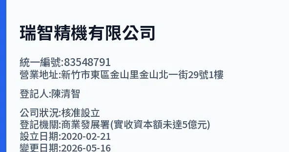 瑞智精機有限公司的照片-統編 83548791(新竹市) 公司登記資料與營業項目詳細圖表