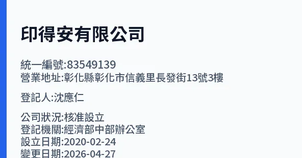 印得安有限公司的照片-統編 83549139(彰化縣) 公司登記資料與營業項目詳細圖表