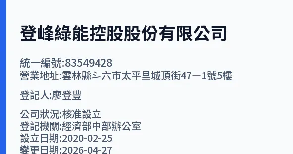 登峰綠能控股股份有限公司的照片-統編 83549428(雲林縣) 公司登記資料與營業項目詳細圖表