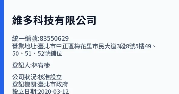維多科技有限公司的照片-統編 83550629(臺北市) 公司登記資料與營業項目詳細圖表