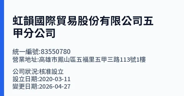 虹韻國際貿易股份有限公司五甲分公司的照片-統編 83550780(高雄市) 公司登記資料與營業項目詳細圖表