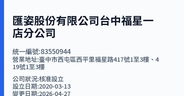 匯姿股份有限公司台中福星一店分公司的照片-統編 83550944(臺中市) 公司登記資料與營業項目詳細圖表