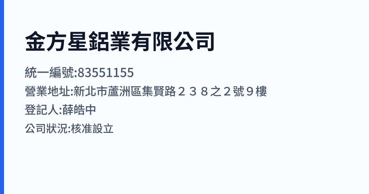 金方星鋁業有限公司 - 統編 83551155(新北市) 公司登記資料與營業項目詳細圖表