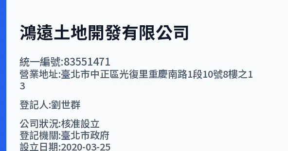 鴻遠土地開發有限公司的照片-統編 83551471(臺北市) 公司登記資料與營業項目詳細圖表