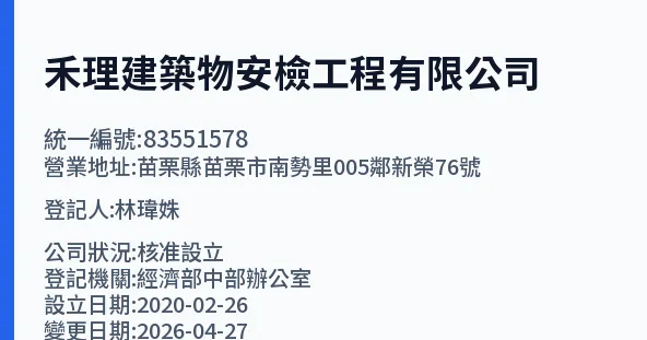 禾理建築物安檢工程有限公司的照片-統編 83551578(苗栗縣) 公司登記資料與營業項目詳細圖表