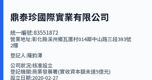 鼎泰珍國際實業有限公司的照片-統編 83551872(彰化縣) 公司登記資料與營業項目詳細圖表