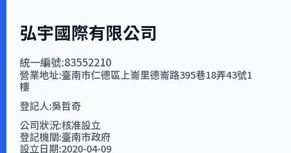 弘宇國際有限公司的照片-統編 83552210(臺南市) 公司登記資料與營業項目詳細圖表