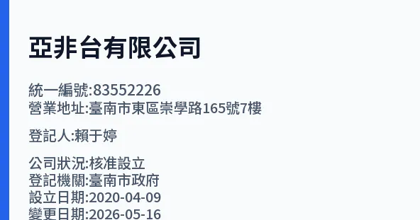 亞非台有限公司的照片-統編 83552226(臺南市) 公司登記資料與營業項目詳細圖表
