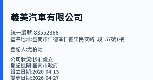 義美汽車有限公司的照片-統編 83552366(臺南市) 公司登記資料與營業項目詳細圖表