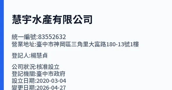 慧宇水產有限公司的照片-統編 83552632(臺中市) 公司登記資料與營業項目詳細圖表
