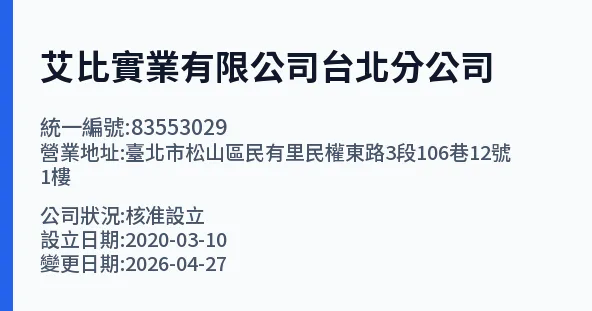 艾比實業有限公司台北分公司的照片-統編 83553029(臺北市) 公司登記資料與營業項目詳細圖表