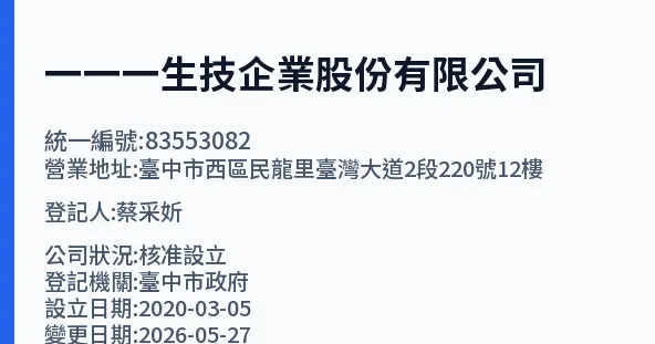 一一一生技企業股份有限公司的照片-統編 83553082(臺中市) 公司登記資料與營業項目詳細圖表