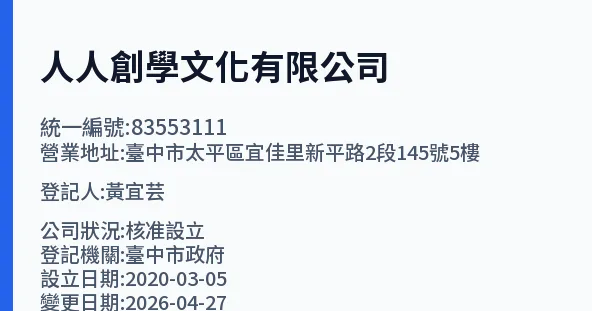 人人創學文化有限公司的照片-統編 83553111(臺中市) 公司登記資料與營業項目詳細圖表