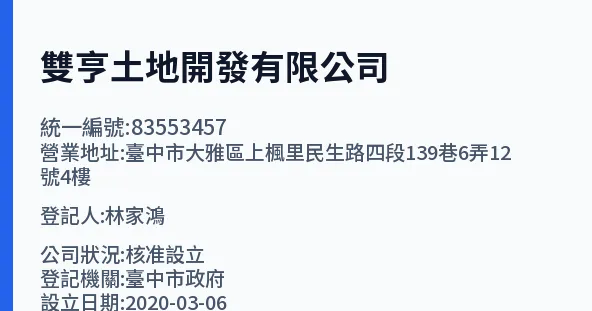 雙亨土地開發有限公司的照片-統編 83553457(臺中市) 公司登記資料與營業項目詳細圖表