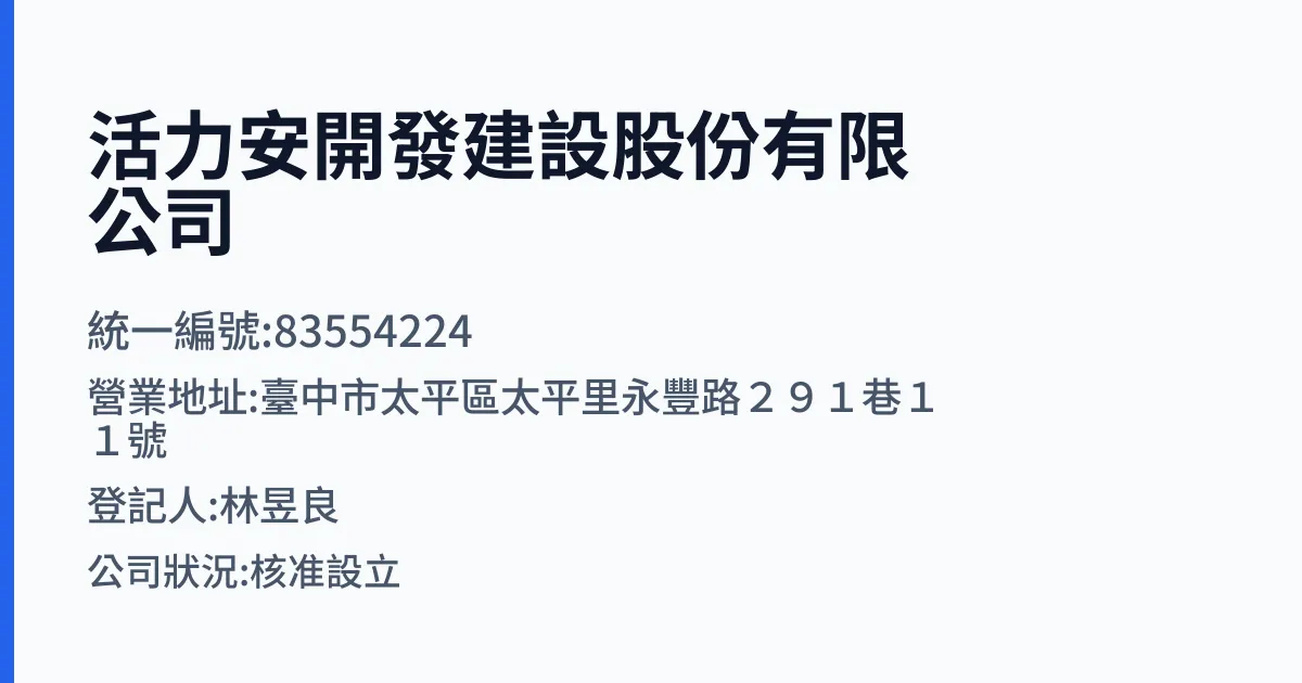 活力安開發建設股份有限公司 - 統編 83554224(臺中市) 公司登記資料與營業項目詳細圖表