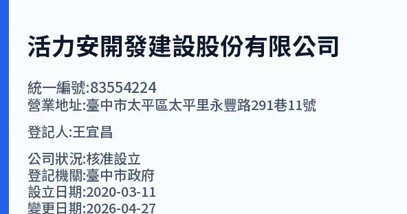 活力安開發建設股份有限公司的照片-統編 83554224(臺中市) 公司登記資料與營業項目詳細圖表