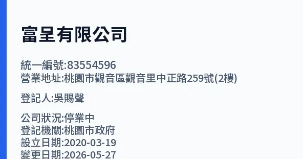 富呈有限公司的照片-統編 83554596(桃園市) 公司登記資料與營業項目詳細圖表