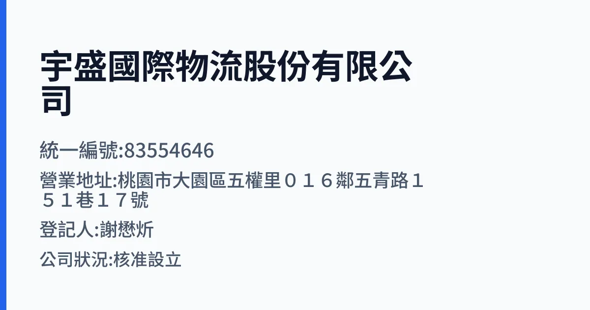 宇盛國際物流股份有限公司 - 統編 83554646(桃園市) 公司登記資料與營業項目詳細圖表