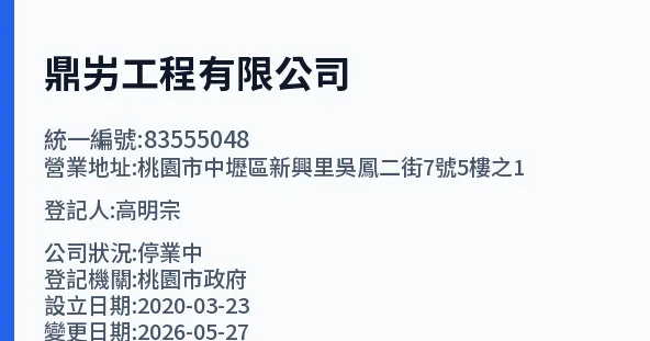 鼎屴工程有限公司的照片-統編 83555048(桃園市) 公司登記資料與營業項目詳細圖表