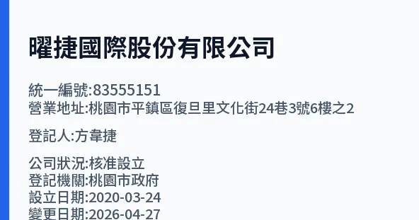 曜捷國際股份有限公司的照片-統編 83555151(桃園市) 公司登記資料與營業項目詳細圖表