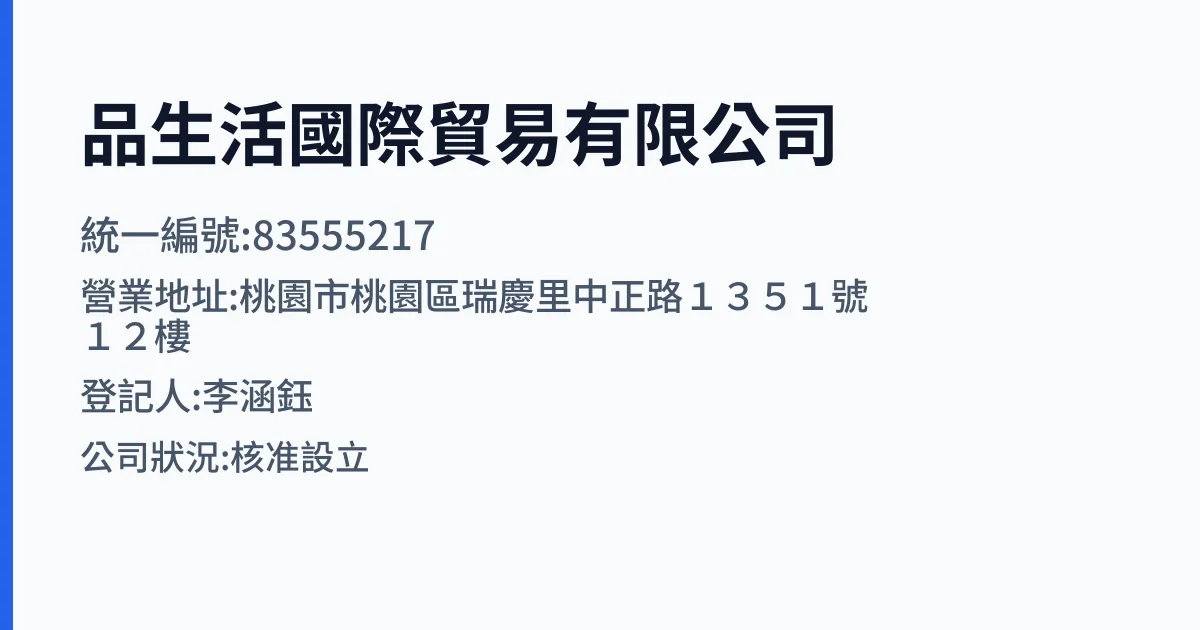 品生活國際貿易有限公司 - 統編 83555217(桃園市) 公司登記資料與營業項目詳細圖表