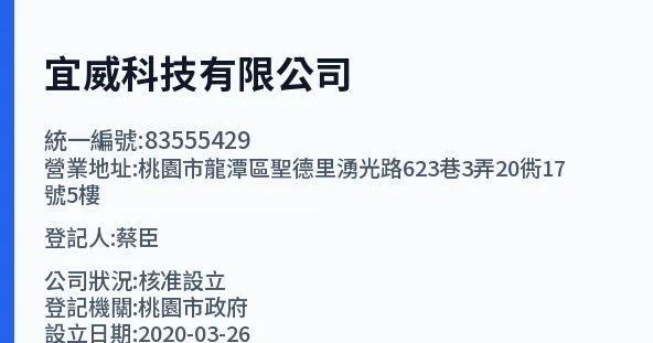 宜威科技有限公司的照片-統編 83555429(桃園市) 公司登記資料與營業項目詳細圖表