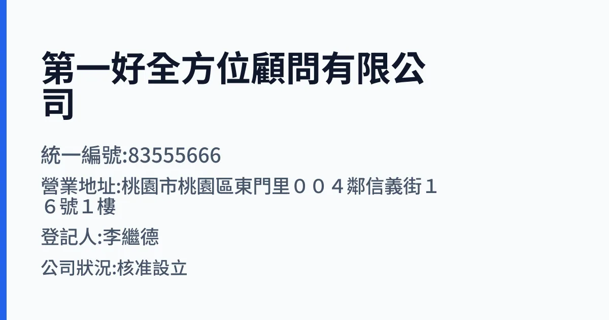 第一好全方位顧問有限公司 - 統編 83555666（桃園市） 公司登記資料與營業項目詳細圖表