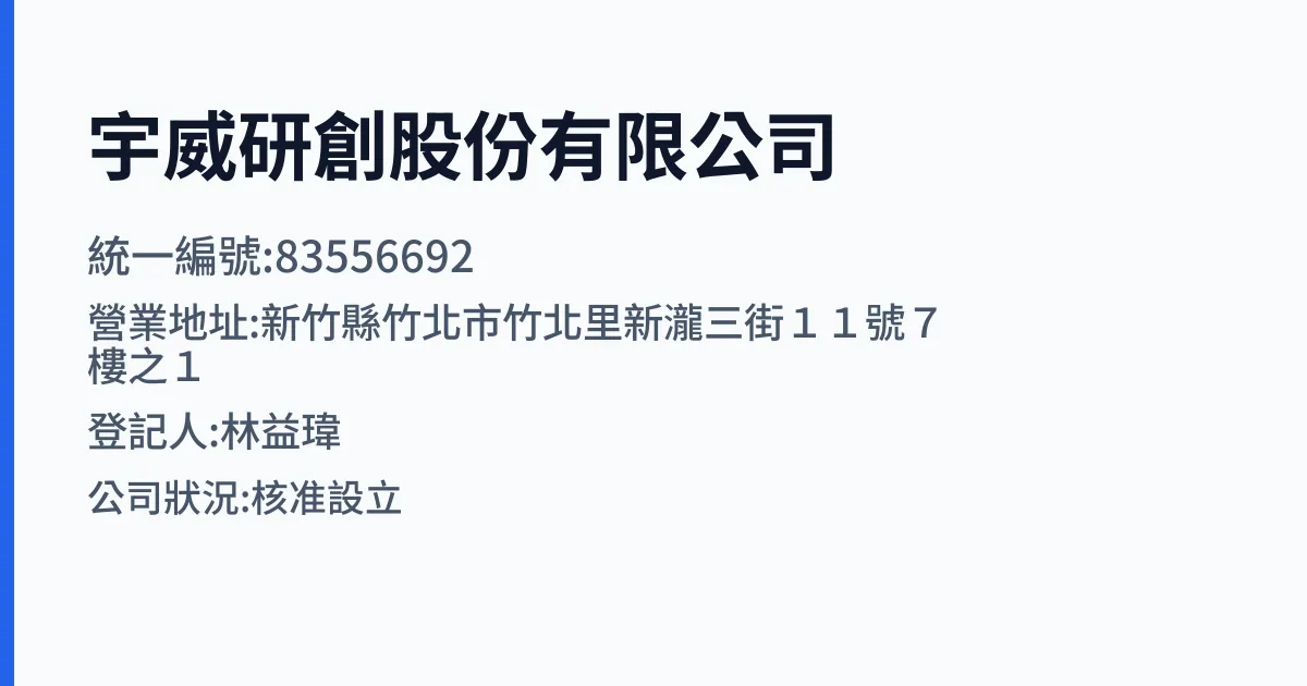 宇威研創股份有限公司 - 統編 83556692(新竹縣) 公司登記資料與營業項目詳細圖表