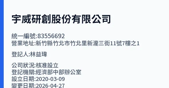 宇威研創股份有限公司的照片-統編 83556692(新竹縣) 公司登記資料與營業項目詳細圖表