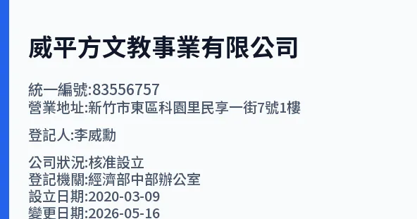 威平方文教事業有限公司的照片-統編 83556757(新竹市) 公司登記資料與營業項目詳細圖表
