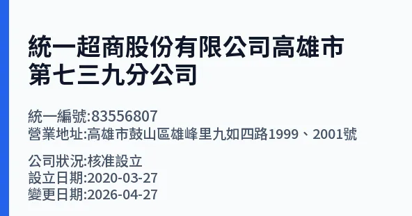 統一超商股份有限公司高雄市第七三九分公司的照片-統編 83556807(高雄市) 公司登記資料與營業項目詳細圖表