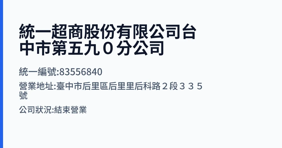 統一超商股份有限公司台中市第五九0分公司 - 統編 83556840(臺中市) 公司登記資料與營業項目詳細圖表