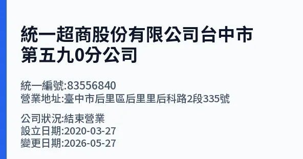 統一超商股份有限公司台中市第五九0分公司的照片-統編 83556840(臺中市) 公司登記資料與營業項目詳細圖表