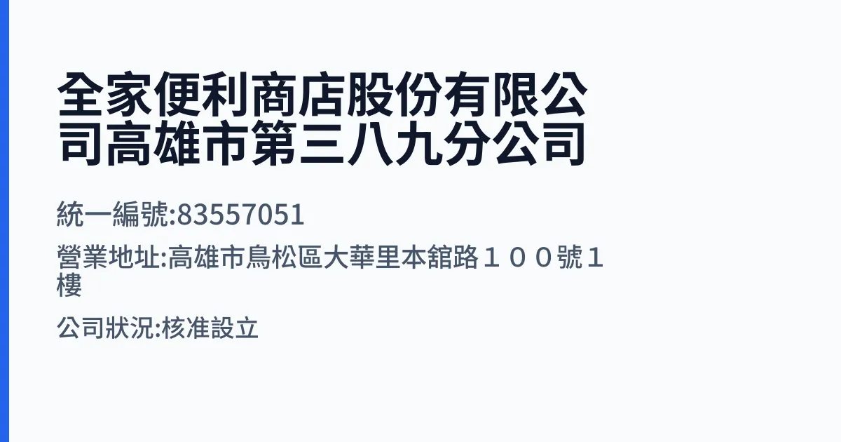 全家便利商店股份有限公司高雄市第三八九分公司 - 統編 83557051(高雄市) 公司登記資料與營業項目詳細圖表