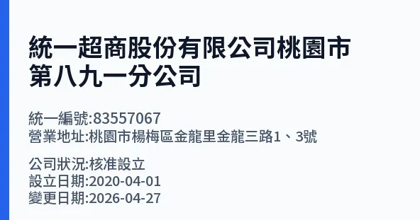 統一超商股份有限公司桃園市第八九一分公司的照片-統編 83557067(桃園市) 公司登記資料與營業項目詳細圖表