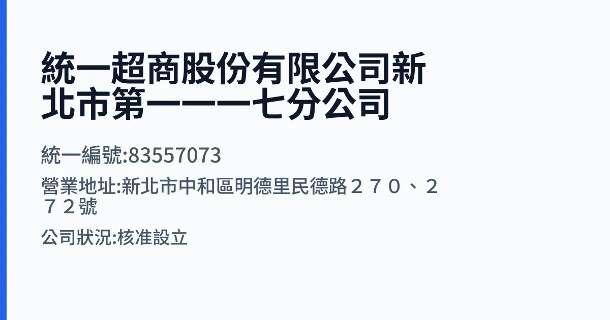 統一超商股份有限公司新北市第一一一七分公司 - 統編 83557073(新北市) 公司登記資料與營業項目詳細圖表