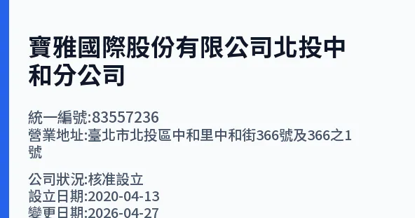 寶雅國際股份有限公司北投中和分公司的照片-統編 83557236(臺北市) 公司登記資料與營業項目詳細圖表
