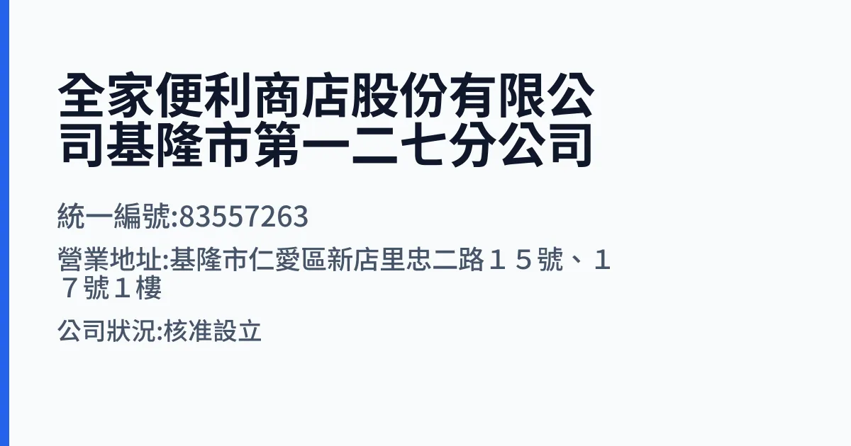 全家便利商店股份有限公司基隆市第一二七分公司 - 統編 83557263(基隆市) 公司登記資料與營業項目詳細圖表