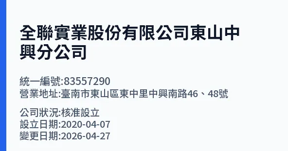 全聯實業股份有限公司東山中興分公司的照片-統編 83557290(臺南市) 公司登記資料與營業項目詳細圖表
